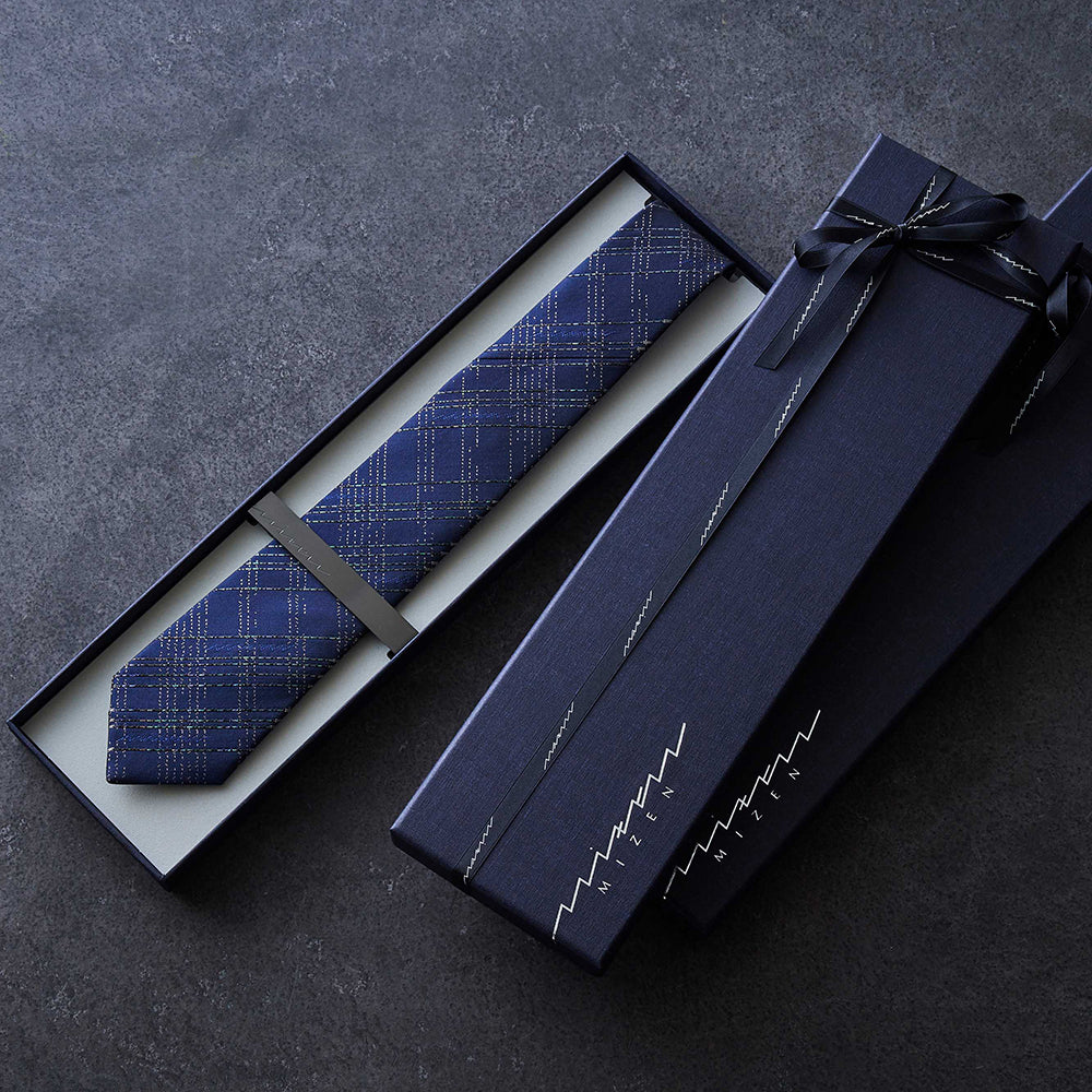 スラッシュタイ/メンズ 螺鈿織 チェック MIZENロゴ 紺 ※ギフトボックス別売 – MIZEN Store